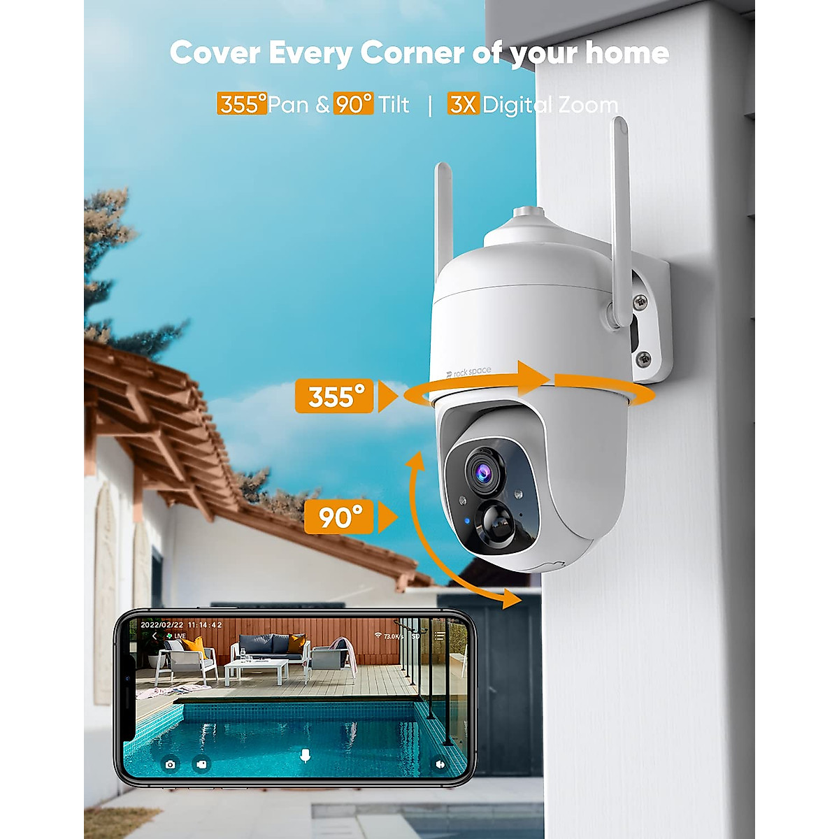 rockspace Outdoor WiFi Security Camera, 360° View Security Camera Wireless Outdoor, Pan Tilt Solar Powered with 1080p Night Vision, 2.4 Ghz Wi-Fi, 2-Way Talk, Motion Detection, Ip65 Waterproof