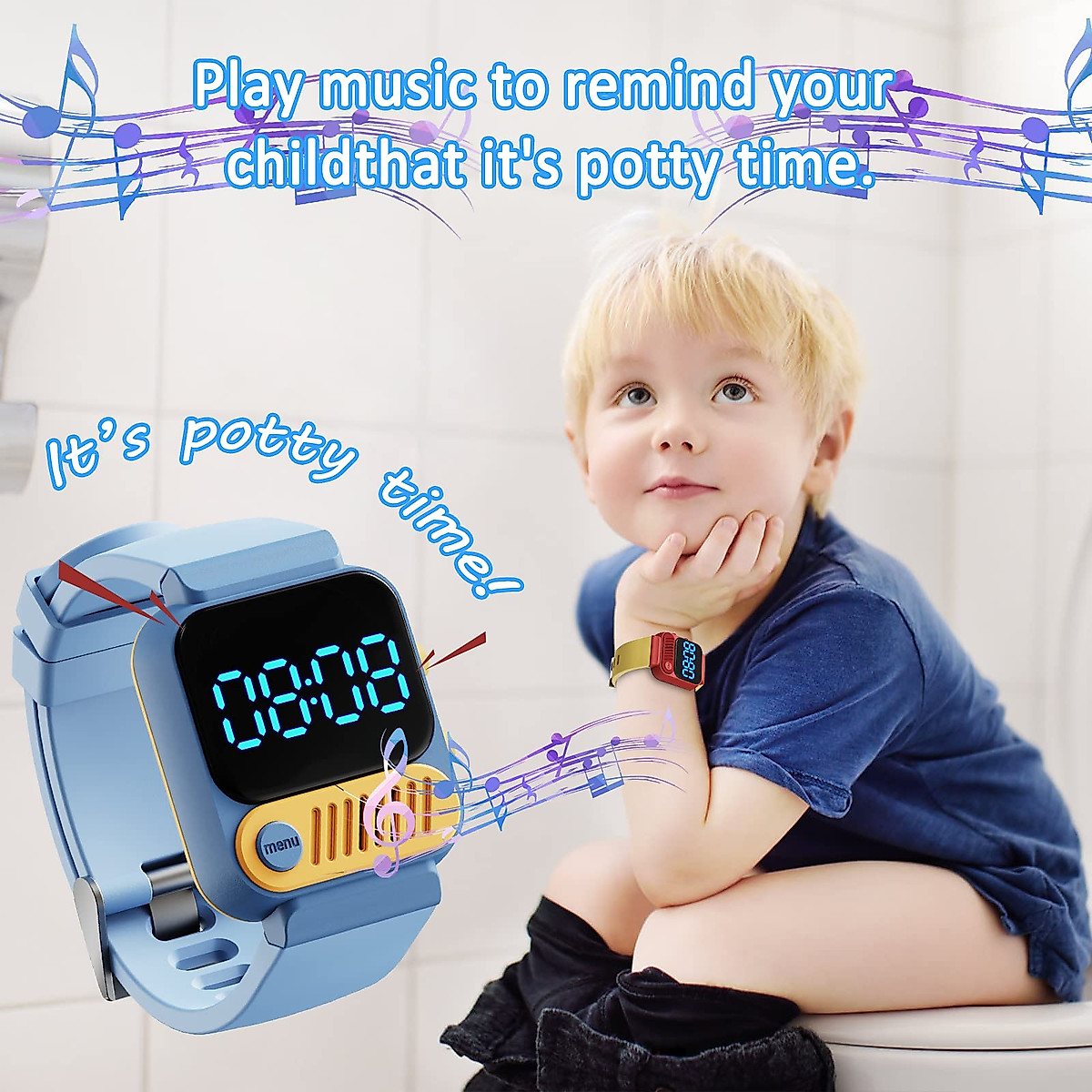 Potty Training Timer Watch for Boys and Girls,Kids Training Toilet Timer Watch,Waterproof,Rechargeable,Music Tones,Automatic Timers Plays Music,Alarm,Baby and Toddler Potty Train Toilet Time Aid,Blue