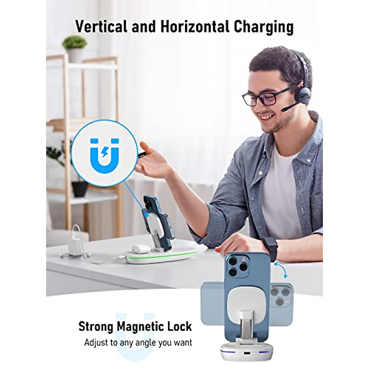 3-in-1 Magnetic Wireless Charging Station for Apple Devices - MagSafe Charger Stand for iPhone 14/13/12/11/SE/X/8, iWatch 8/7/6/SE/5/4/3/2, & AirPods 2/3/Pro - Compact, Durable & Efficient