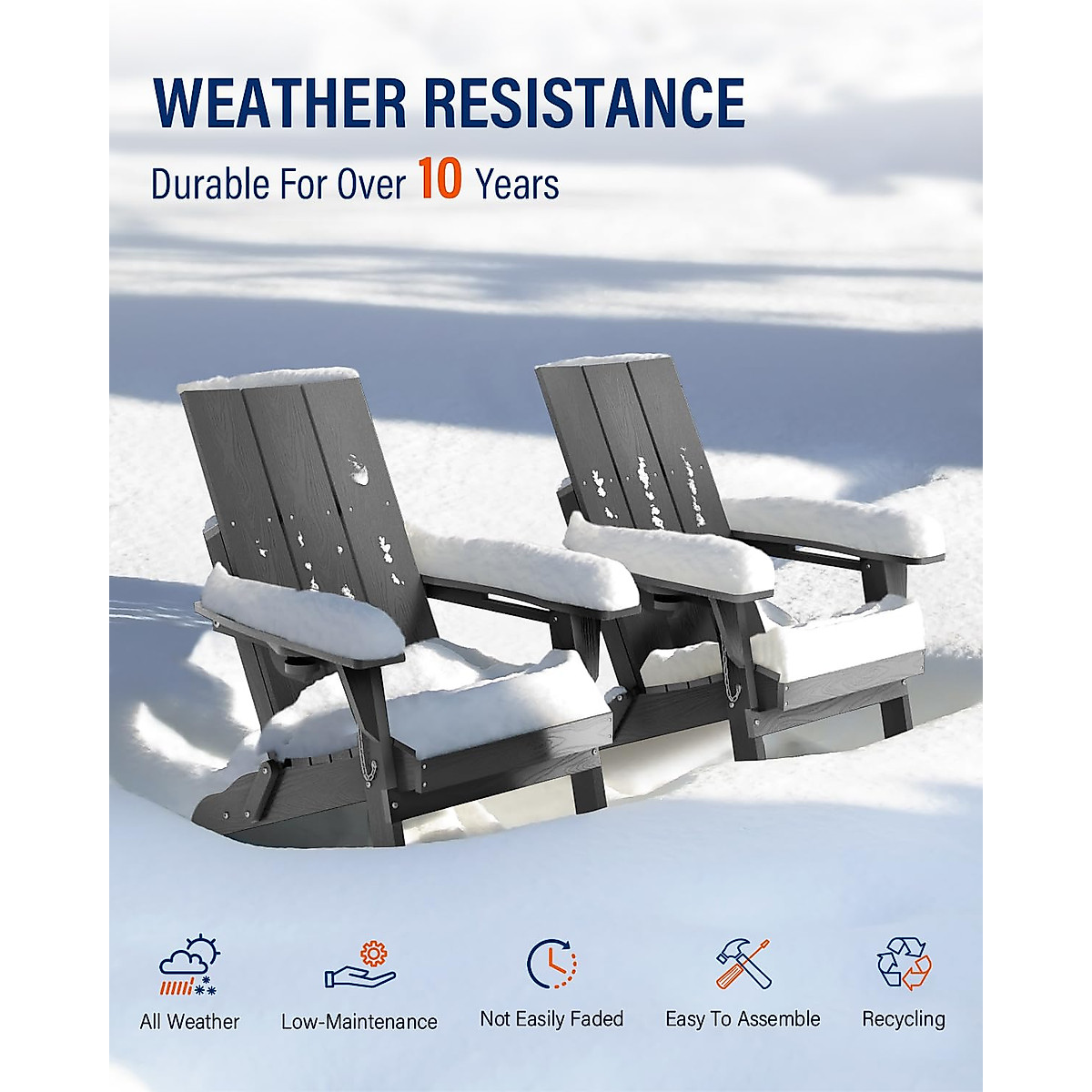 POWERWOOD Modern Adirondack Chair, Oversized HDPE Folding Adirondack Chairs Wood Texture, Higher Back All Weather Plastic Adirondack Chair Set with Cup Holder, Fire Pit Chairs for Outdoor Patio (Grey)