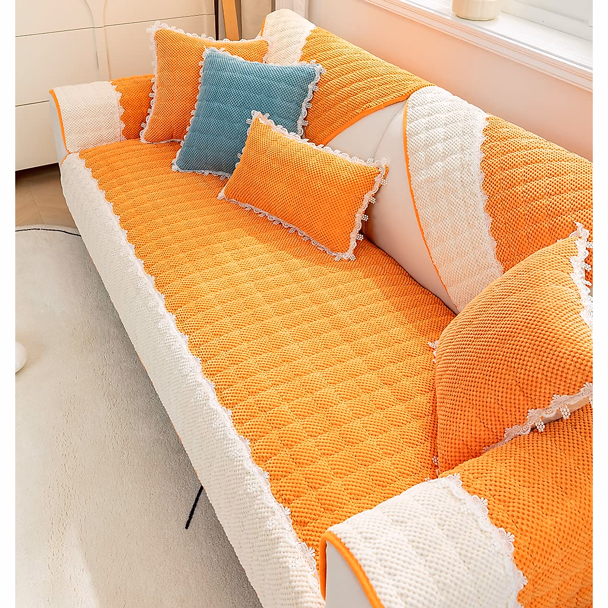 vctops Soft Corduroy Sofa Couch Cover, Plaid Sectional Couch Covers, Non-Slip Sofa Slipcover for Dogs Cats Kids(Orange,43"x43")