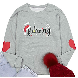 BLANCHES Christmas Sweatshirts for Women Believe Sweatshirt Funny Reindeer Snowman Xmas Holiday Long Sleeves Pullover Tops Grey
