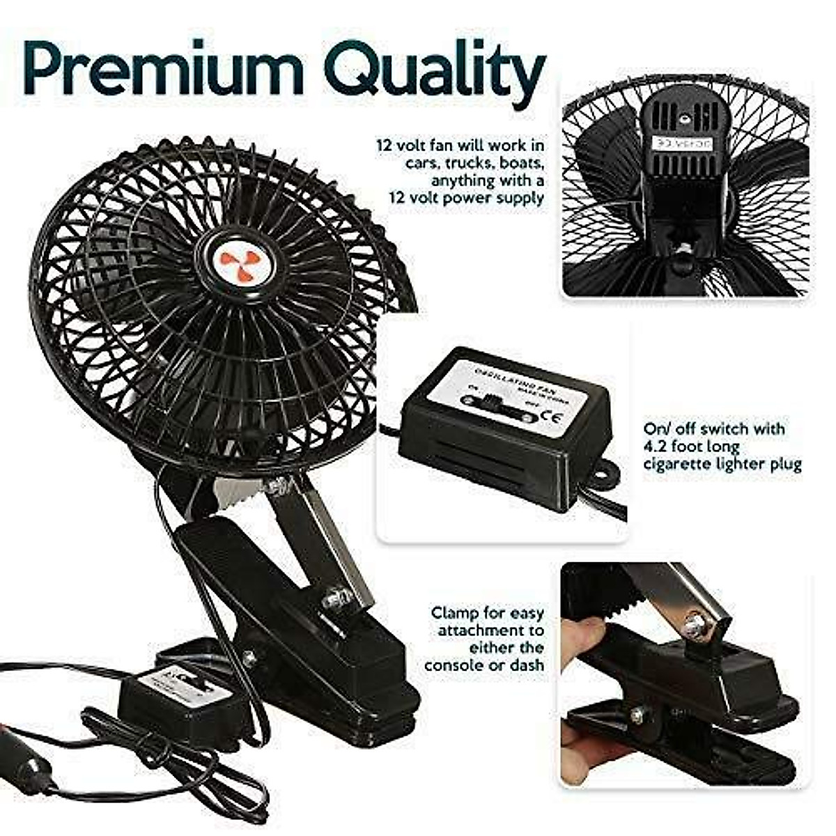 Zone Tech 12V Oscillating Fan - Includes clamp and Screws for Easy Attachment to Either The Console or Dash