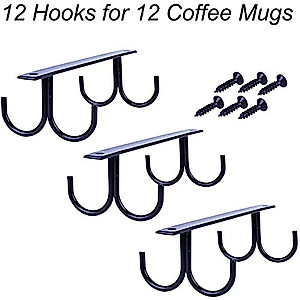 FOLOU Under Cabinet Mug Rack, Rustic Mug Organizer Rack Cup Holder Under Shelf 12 Hanging Hooks Rack for Mugs, Coffee Cups and Kitchen Utensils Display (Black 3 Pack 12 Hooks)