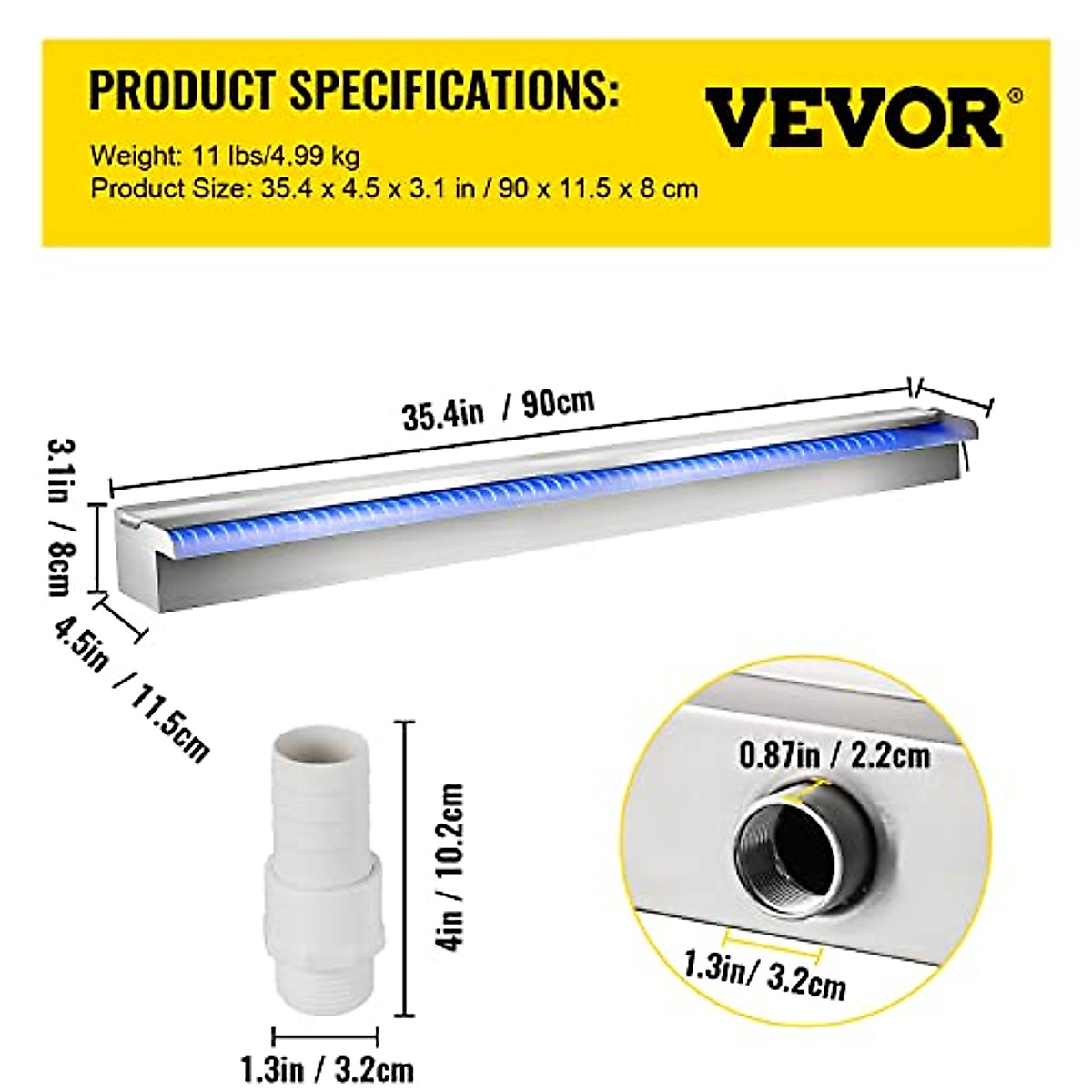 VEVOR Pool Fountain Stainless Steel Pool Waterfall 35.4" x 4.5" x 3.1"(W x D x H) with LED Strip Light Waterfall Spillway with Pipe Connector Rectangular Garden Outdoor