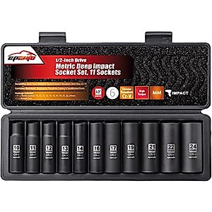 EPAuto 1/2-Inch Drive Metric Deep Impact Socket Set, Cr-V, 6 Points, 11 Sockets