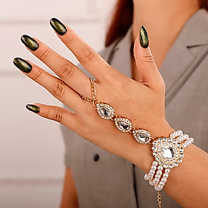 Denifery Vintage 1920S Flapper Pearl Bracelet Rhinestone Finger Ring Link Bracelet Stretch Adjustable Hand Chain for Wedding Brides