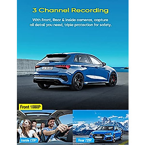 3 Channel Dash Cam Front and Rear Inside, 1080P Dash Camera for Cars, Dashcam Three Way Triple Car Camera with IR Night Vision, Loop Recording, G-Sensor, Parking Monitor, 24 Hours Recording