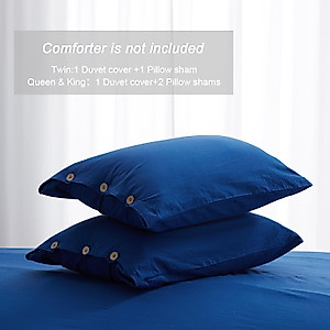 SunStyle Home 100% Washed Cotton Duvet Cover Set Breathable Soft King Light Blue Duvet Cover 3 Pieces Solid Color Bedding Set with Buttons Closure Comforter Cover Set (1 Duvet Cover +2 Shams)