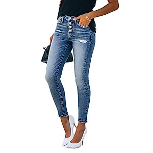 Allimy Women's High Waist Skinny Stretch Ripped Jeans Destroyed Denim Pants 12