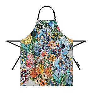 Moslion Floral Apron 31x27 Inch Colorful Garden Bouquet of Rose Lily Sunflowers Leaves Botanical Plant Kitchen Chef Waitress Cook Aprons Bib with Adjustable Neck for Women Men Girls