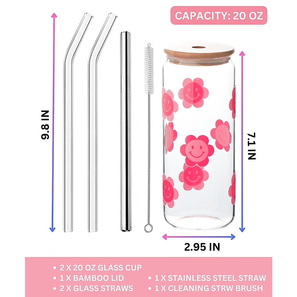 Olvini 20oz Glass Cups with Bamboo Lids and Glass Straws Set of 2 - Can Shaped Drinking Glasses, Cute Iced Coffee Cup, Glass Tumbler, Aesthetic Cups, Smiley Face