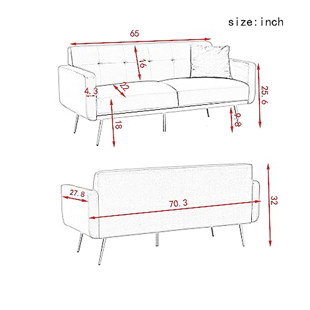 AnwickNomo 70" Velvet Modern Couch Sofa Bed with Golden Metal Legs, Tufted Loveseat with Throw Pillow and Mid Foot for Living Room, Bedroom, Playroom, Office (Pink)