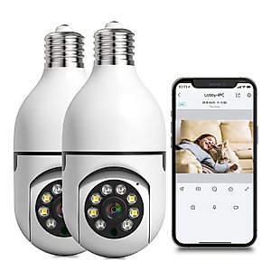 Yihoume Upgraded,Wireless Light Bulb Security Camera, 360°Panoramic 2K Surveillance Cam 2.4GHz Camera with Motion Detection Alarm Night Vision Two-Way-Talk Phone Remote View Indoor (2 Pack)