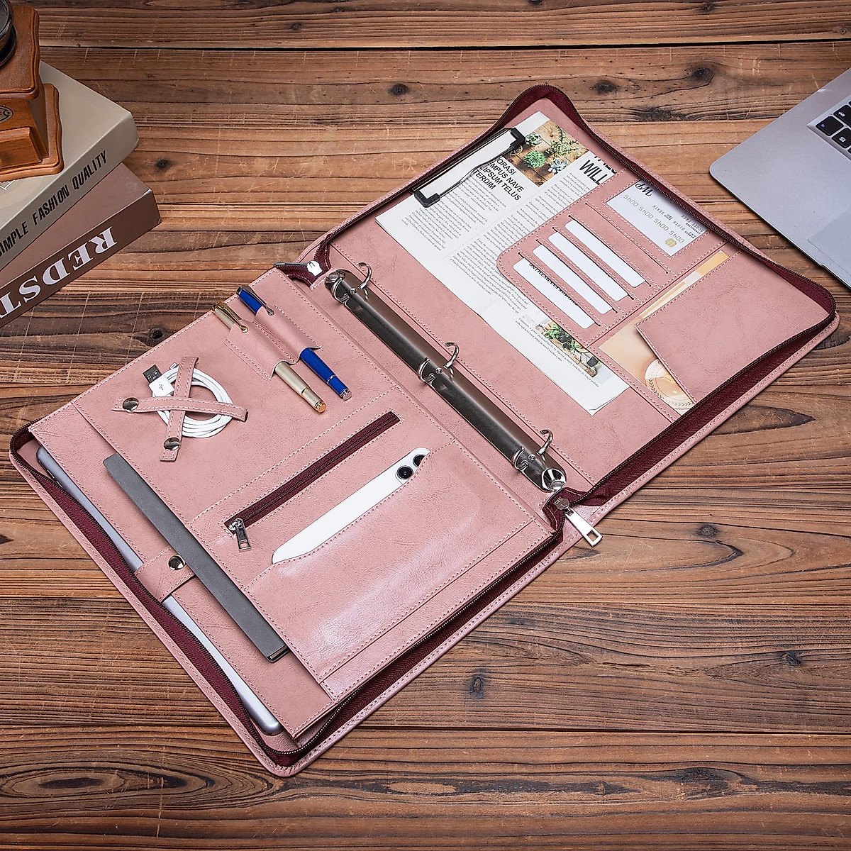 Geslun Vegan Leather Portfolio 3 Ring Binder with Clipboard, Hidden Handle, 8.5 x 11 Zippered Padfolio, Business Organizer Professional Executive Folio for Women, Pink
