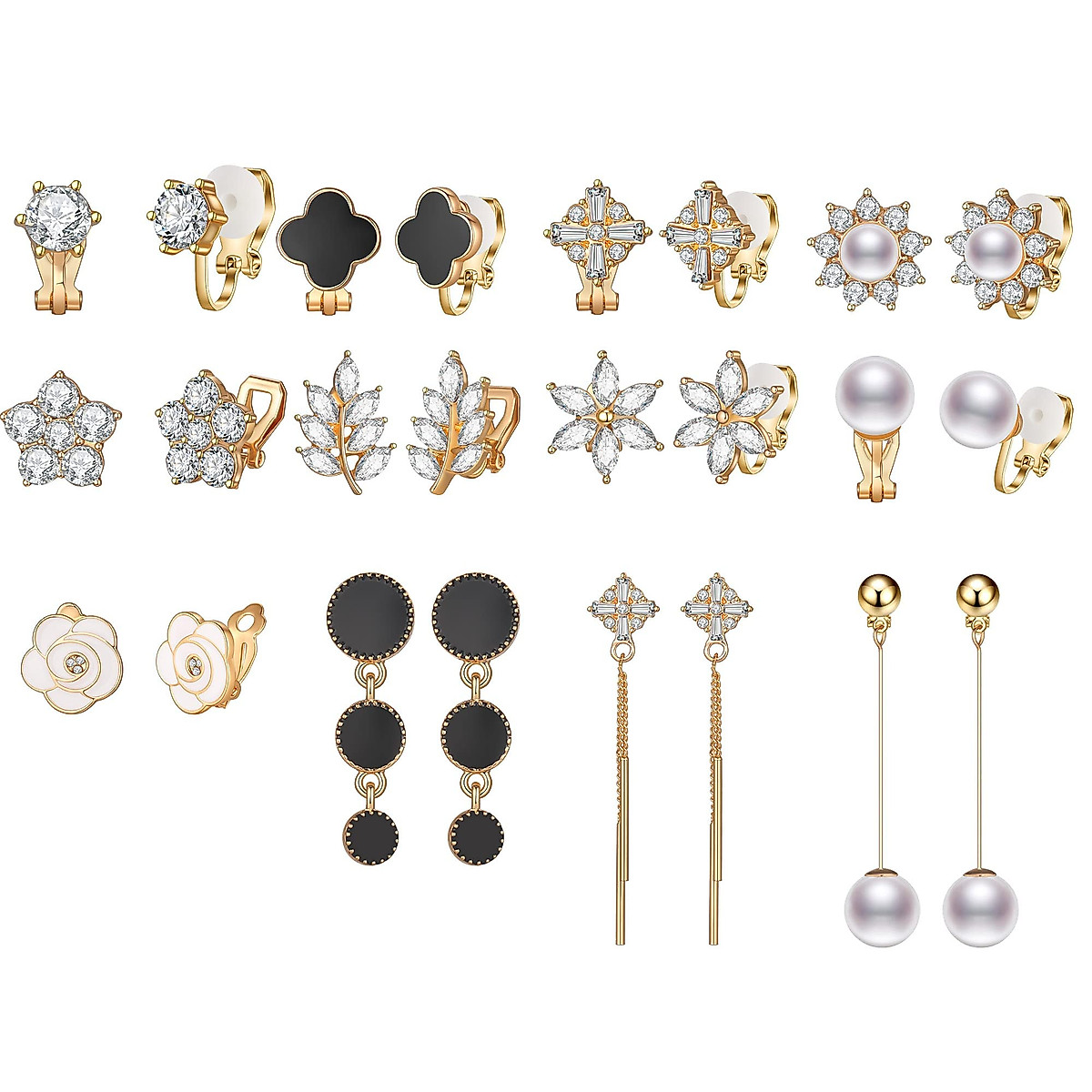 Aganippe Gold Non-Piercing Earrings Set, 12 Pairs, Dangle & Pearl, Hypoallergenic, Gift Box
