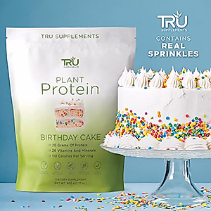 TRU Plant Based Protein Powder, BCAA, EAA, 20g Vegan Protein, 100 Calories, 27 Vitamins, No Artificial Sweeteners 25 Servings (Birthday Cake)