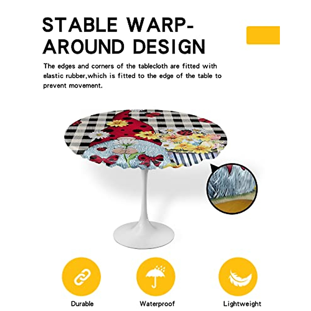 Spring Summer Sunflower Gnome Round Waterproof Table Cover Fitted Tablecloth,Black White Buffalo Plaid Check Wipeable Fabric Elastic Table Cloth Oil-Proof Tablecover for Outdoor Picnic Party,36"-44"