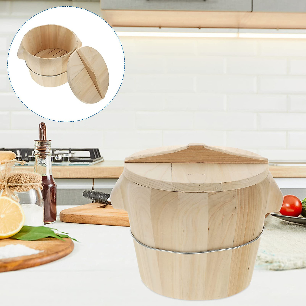 Cabilock Japanese Rice Bamboo Food Steamer Wooden Sushi Rice Bowl Hangiri Sushi Oke Sushi Rice Mixing Tub Bamboo Steamer Basket for Restaurant Home Kitchen Dumpling Steamer Basket Rice Container