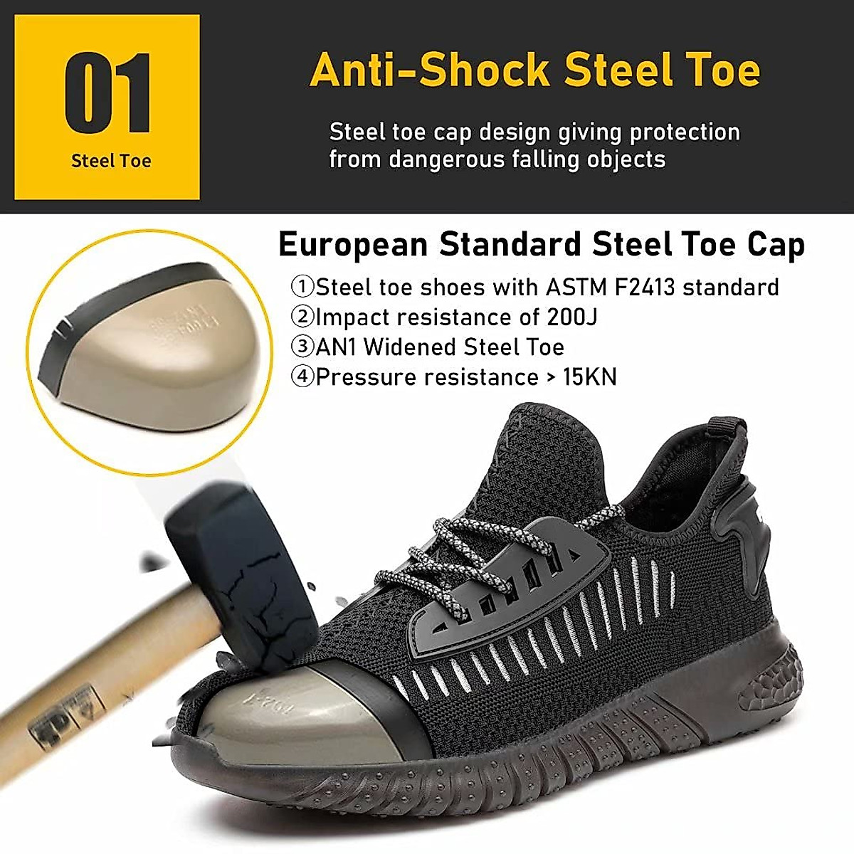 Furuian Steel Toe Shoes for Men Comfortable Safety Shoes Non Slip Steel Toe Sneakers Mens Work Shoes Black Size M12/W13.5