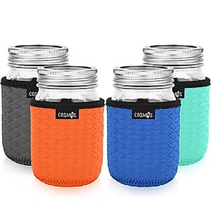 Cosmos 4 Pcs Neoprene Mason Jar Sleeve Cover for Regular Mouth Jar, Insulated Glass Jars Cover Canning Sleeves Glass Container Protector Holder for Home Kitchen Storage (For 16 OZ Jar)
