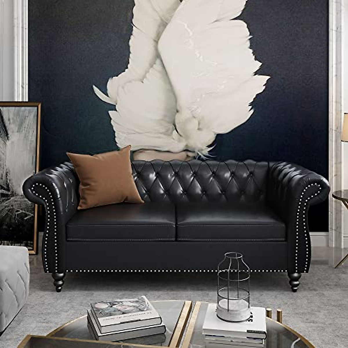 Chesterfield Loveseat, Modern Leather Sofa Tufted Couch 2 Seater with Rolled Arms and Nailhead for Living Room, Bedroom, Office, Apartment (Black)