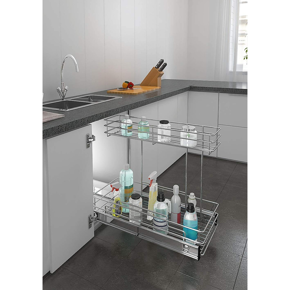 STORKING 2 Tier Under Sink Pull Out Cabinet Organizer Slide Wire Shelf Basket for Kitchen Base Cabinets 9" W 18.5" D 16" H