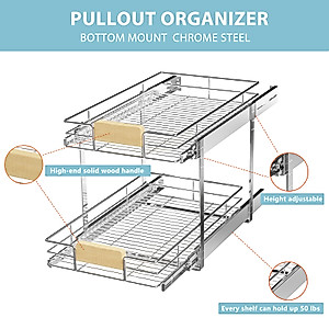 LOVMOR 2 Tier Pull Out Cabinet Organizer 10½" W x 21½" D, Slide Out Drawers with Wooden Handle, Sliding Shelves Organization and Storage for Kitchen, Pantry