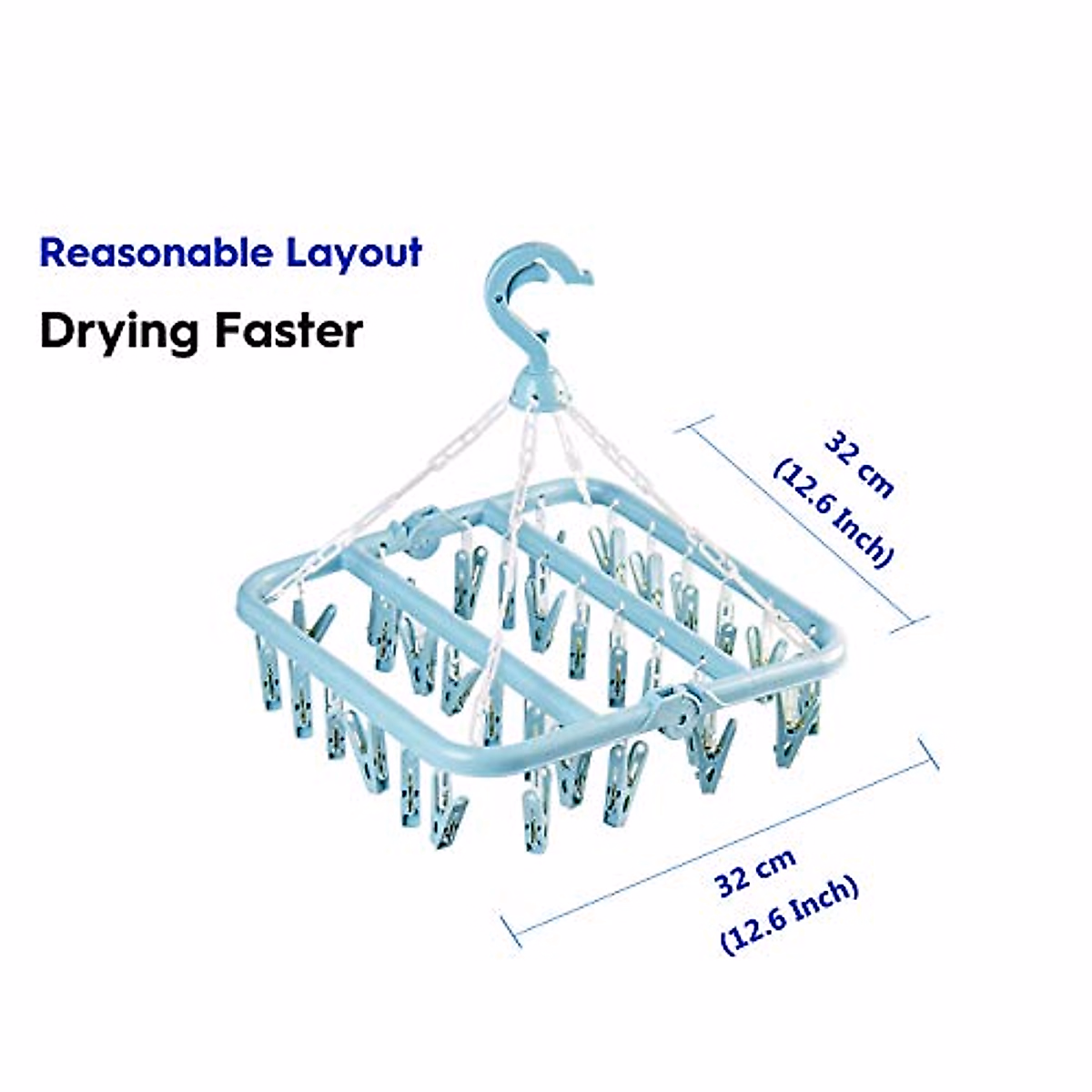 Rivama Clothes Drying Hanger with 32 Clips,Baby Clothes Drying Rack,Sock Clips for Laundry Foldable Clothes Hangers for Drying Socks,Towels,Underwear,Bras,Diapers,Baby Clothes,Gloves,Hat (Light Blue)