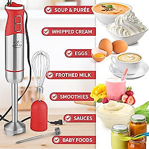 Zulay Kitchen Immersion Blender Handheld 500W - 8 Speed Copper Motor Immersion Hand Blender - Heavy Duty Stick Blender Immersion With Stainless Steel Whisk and Milk Frother Attachments (Red)