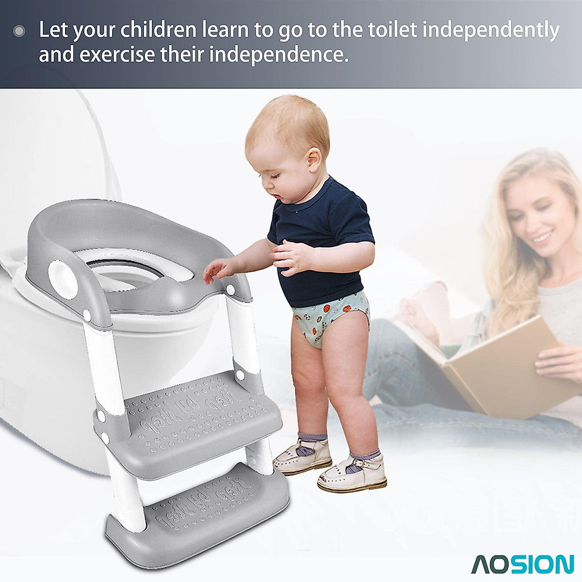 AOSION-Potty Training Seat with Step Stool Ladder, Potty Seat with Ladder for Kids,Adjustable Toddler Toilet Training Seat for Boys and Girls with Non-slip Soft Pads,Safety Handle (Grey)