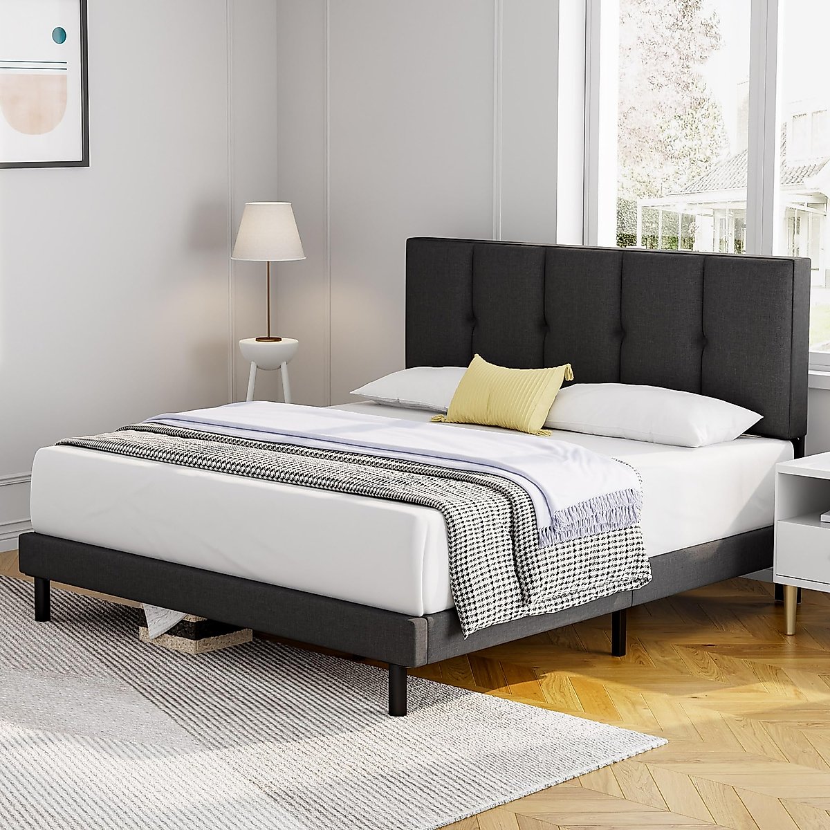 Generic Full Size Bed Frame Upholstered Platform with Headboard, Linen Fabric Wrap, Strong Frame and Wooden Slats Support, Easy Assembly No Box Spring Needed,Non-Slip and Noiseless, D Dark Grey