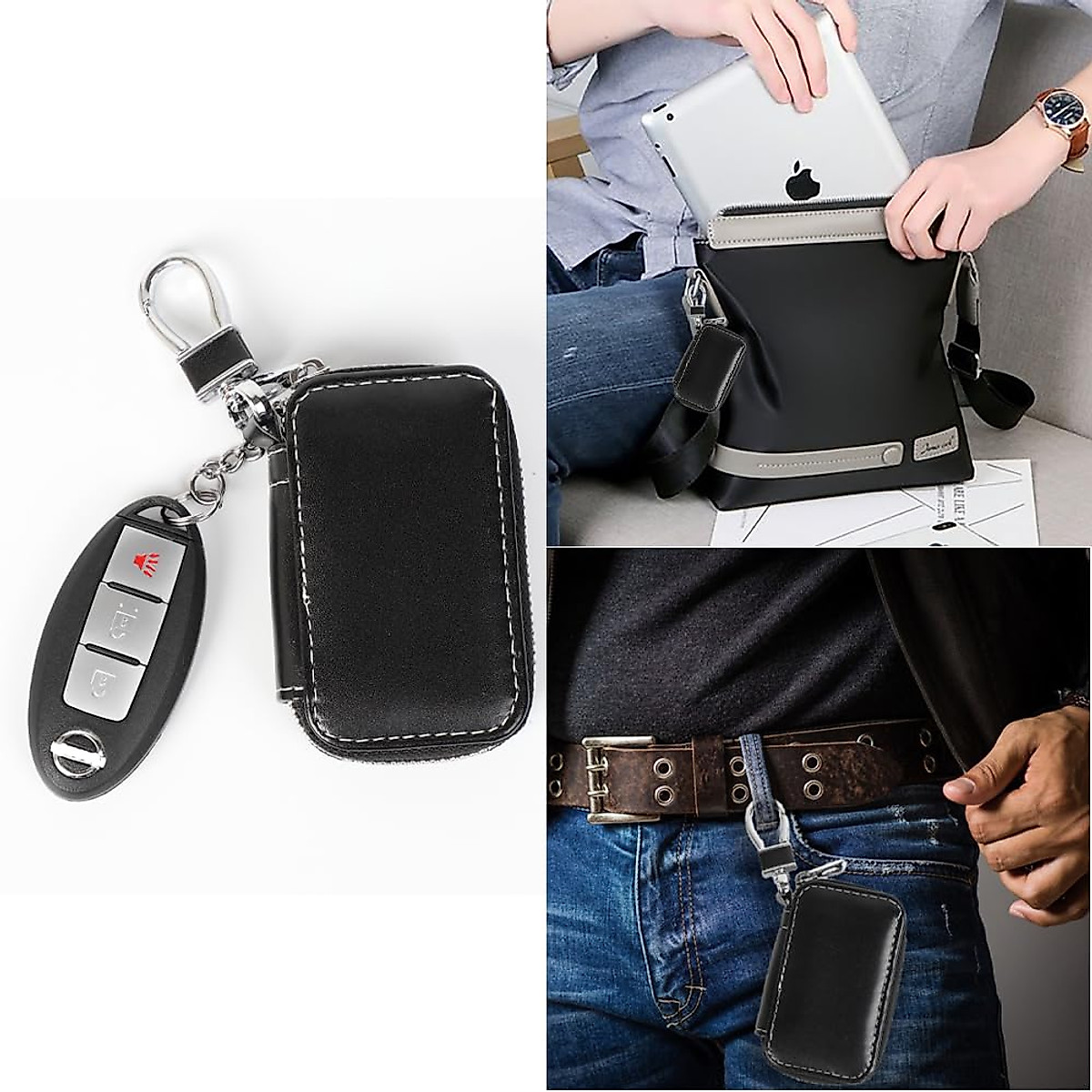 KUPAO Universal Car Key Fob Case,Genuine Leather Key Fob Cover Holder,Remote control smart key Car KeyChain Case Holder (Black)