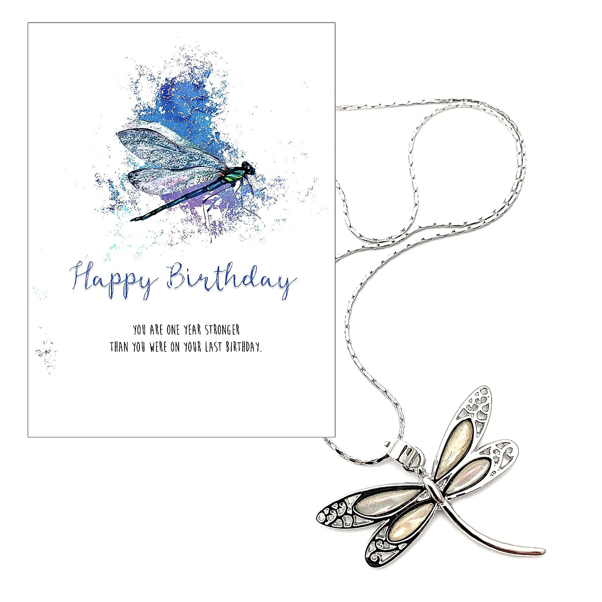Smiling Wisdom - Happy Birthday Greeting Card Dragonfly Necklace Gift Set - Teen Women (White Abalone Dragonfly)
