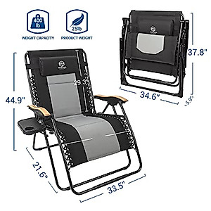 Coastrail Outdoor Zero Gravity Chair Wood Armrest XXL Camping Lounge Chair Patio Recliner Support 400lbs Padded Reclining Chair Folding Lawn Chair with Side Table