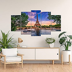 Canvbay 5 Piece Large Eiffel Tower Canvas Wall Art France Paris Cityscape in Sunset Picture Painting Architecture Scene Photo Poster Wall Decor Famous Landmark Scenic Artwork Prints Framed for Living Room Bedroom Decor