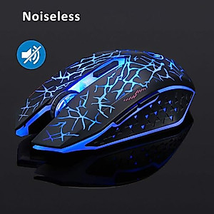 TENMOS K6 Wireless Gaming Mouse, Rechargeable Silent LED Optical Computer Mice with USB Receiver, 3 Adjustable DPI Level and 6 Buttons, Auto Sleeping for Laptop/PC/Notebook (Blue Light)