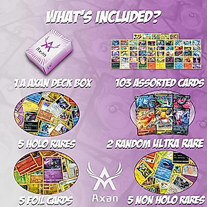 A Axan Ultra Rare Bundle Compatible with Pokemon Cards | Includes 120 assorted cards | 2 Random Ultra Rares, 5 Holo Rares, 5 Foils, 5 Non Holo Rares, and 103 C/UC Cards