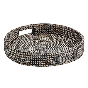 mDesign Seagrass Woven Large Decorative 18" Round Basket Serving Tray w/Built-In Handles for Kitchen, Coffee Table, Wall Decor, Ottoman; For Storage, Centerpiece Display - Black