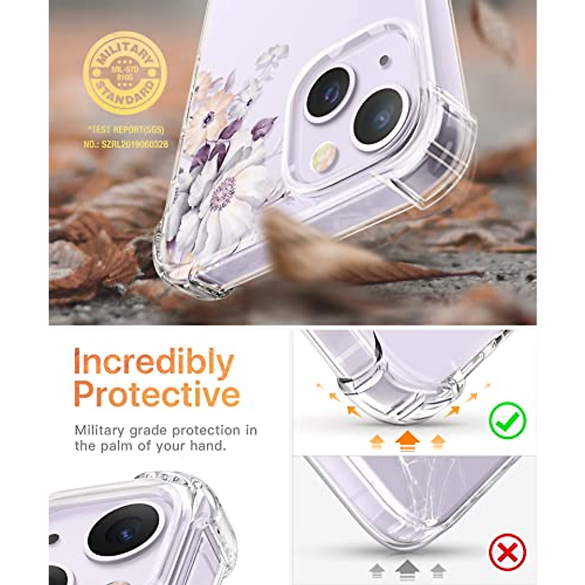 GVIEWIN Case Compatible with iPhone 14 Plus 6.7 Inch,with Screen Protector + Camera Lens Protector, Clear Flower Shockproof Soft Protective Floral Designed Women Phone Cover, 2022 (Aster/Purple)