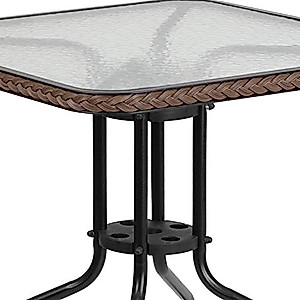 Flash Furniture Lila 28'' Square Glass Metal Table with Dark Brown Rattan Edging and 2 Dark Brown Rattan Stack Chairs