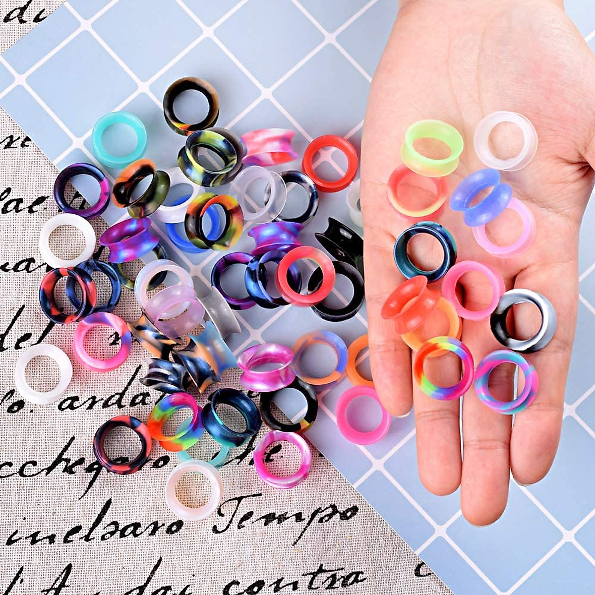 Qmcandy 60pcs Colorful Soft Flexible Silicone Tunnels Double Flared Ear Piercing Plugs Gauge 9/16 inch