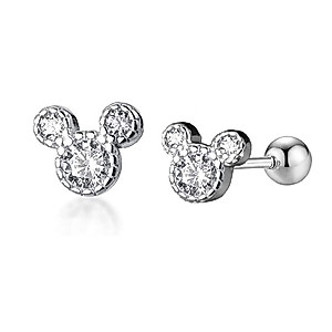 Tiny Cute Mouse Stud Sterling Silver Earrings for Women Girls Gold Plated Cubic Zirconia Mini Small 20g Barbell Ball Studs Cartilage Tragus 4 mm Bead Screw Back Piercing Body Jewelry (Silver)