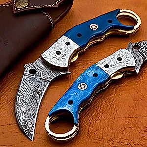 8.5" Handmade Damascus Folding Pocket Knife Karambit Knife Hunting Knife Handle Camel Bone Handmade Damascus Steel with Leather Sheath B50