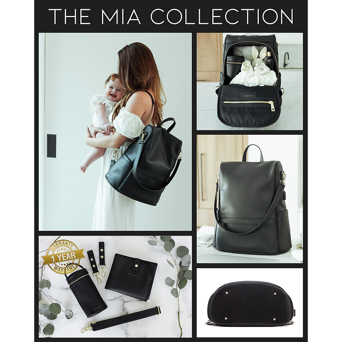 MIA + SOPHIA Leather Diaper Bag Backpack with Changing Pad, Stroller Straps, Bottle Holder (Black Mia)