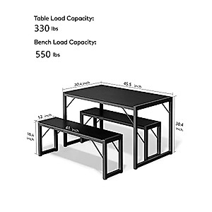 Bealife Dining Table Set for 4, Modern Kitchen Table Set with 2 Benches, 45.5in 3-Piece Soho Dining Room Table Set with Metal Frame and MDF Board, Sturdy Structure, Space-Saving Furniture (Black)