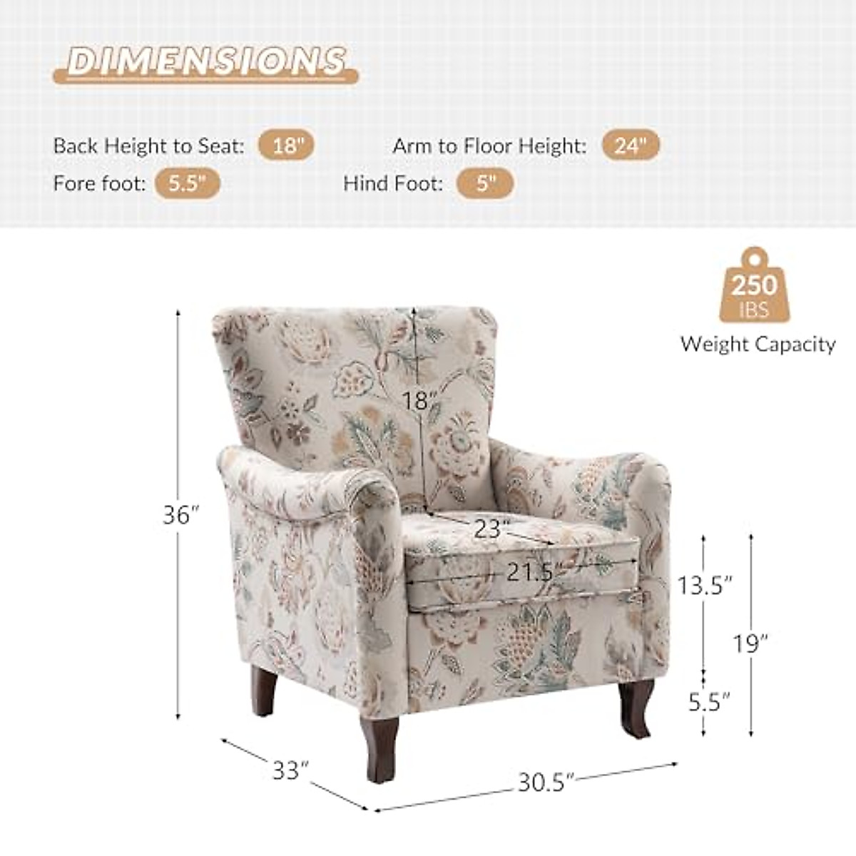 HULALA HOME Floral Accent Chair, Modern High Back Armchair with Wooden Legs, Comfy Wingback Chair Upholstered Accent Single Sofa Chair for Living Room & Bedroom, Jeacobean