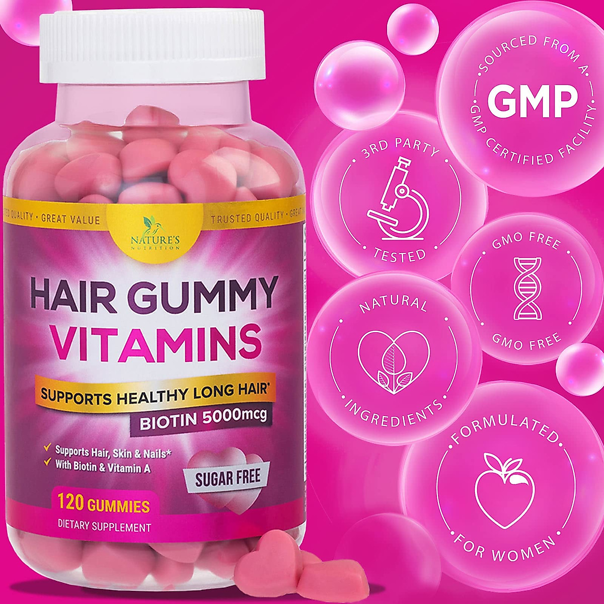 Sugar Free Hair Vitamins Gummies with Biotin 5000 mcg, Vitamin A, B12, C, D, E, Folic Acid, Supports Hair Growth Gummy, Vegetarian Friendly, Supports Strong Beautiful Hair and Nails - 120 Gummies