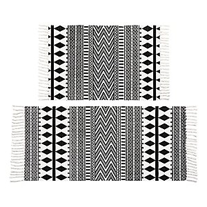 HEBE Cotton Area Rug Set 2 Piece 2'x3'+2'x4.2' Black and Cream Tribal Accent Rug with Tassels Boho Area Runner Rugs Throw Rug for Hallway, Entryway, Bathroom,Kitchen Floor, Laundry Room