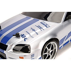 Jada Toys Fast & Furious Brian's Nissan Skyline GT-R (BN34) Drift Power Slide RC Radio Remote Control Toy Race Car with Extra Tires, 1:10 Scale, Silver/Blue (99701)